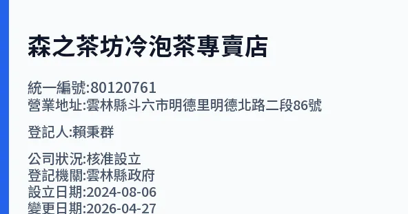 森之茶坊冷泡茶專賣店的照片-統編 80120761(雲林縣) 公司登記資料與營業項目詳細圖表