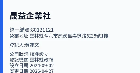 晟益企業社的照片-統編 80121121(雲林縣) 公司登記資料與營業項目詳細圖表