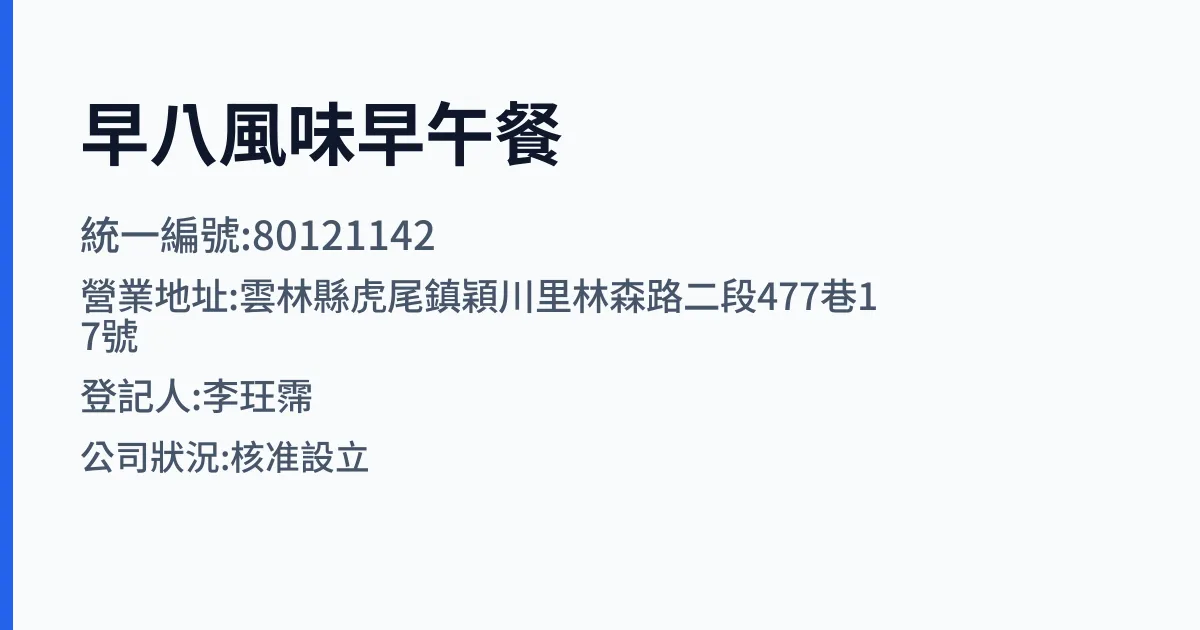 早八風味早午餐 - 統編 80121142(雲林縣) 公司登記資料與營業項目詳細圖表