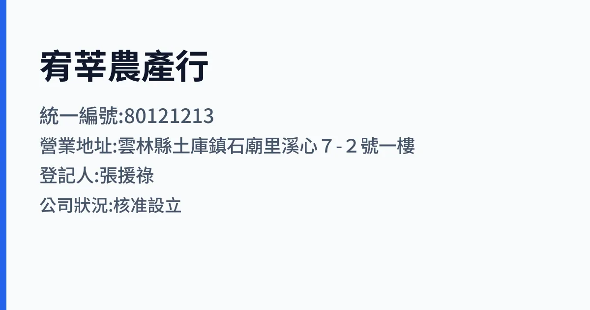 宥莘農產行 - 統編 80121213(雲林縣) 公司登記資料與營業項目詳細圖表