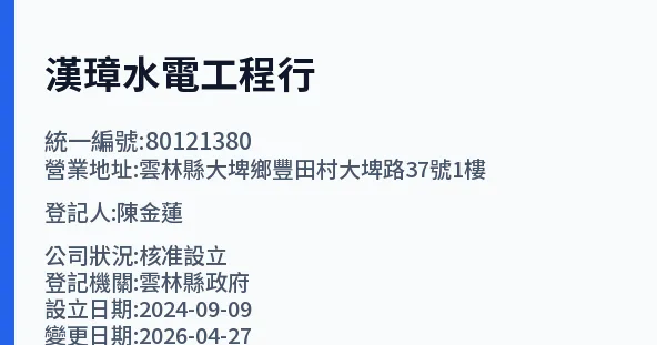 漢璋水電工程行的照片-統編 80121380(雲林縣) 公司登記資料與營業項目詳細圖表