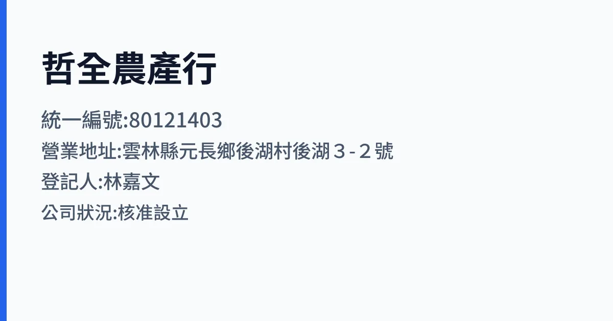 哲全農產行 - 統編 80121403(雲林縣) 公司登記資料與營業項目詳細圖表