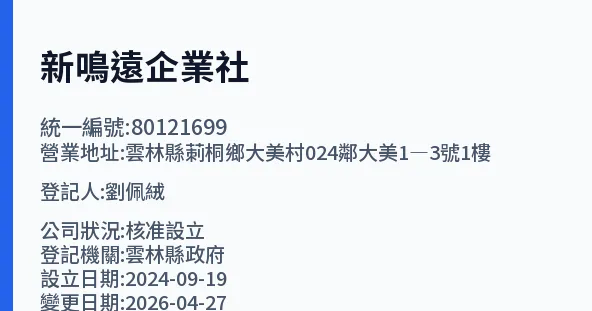 新鳴遠企業社的照片-統編 80121699(雲林縣) 公司登記資料與營業項目詳細圖表