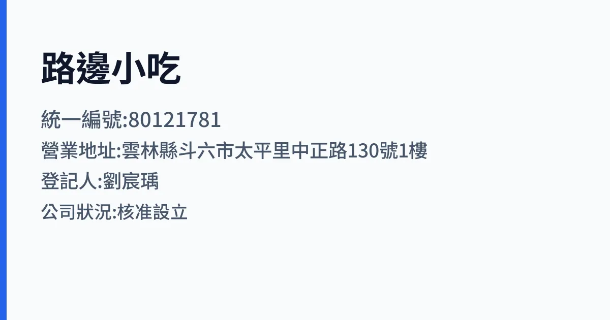 路邊小吃 - 統編 80121781(雲林縣) 公司登記資料與營業項目詳細圖表