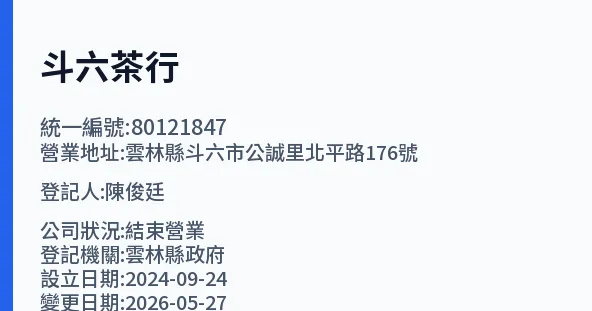 斗六茶行的照片-統編 80121847(雲林縣) 公司登記資料與營業項目詳細圖表