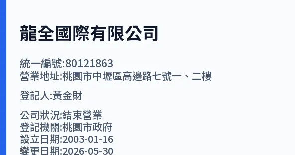 龍全國際有限公司的照片-統編 80121863(桃園市) 公司登記資料與營業項目詳細圖表