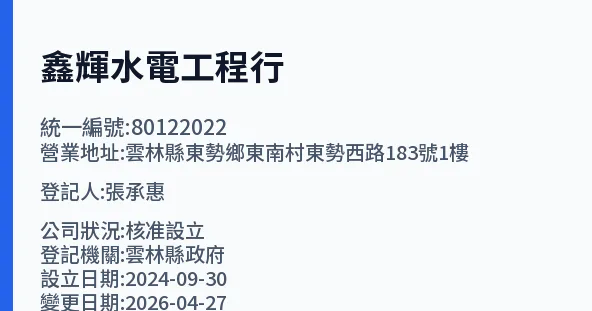 鑫輝水電工程行的照片-統編 80122022(雲林縣) 公司登記資料與營業項目詳細圖表