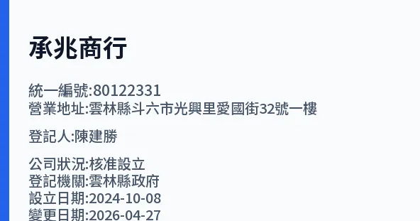 承兆商行的照片-統編 80122331(雲林縣) 公司登記資料與營業項目詳細圖表