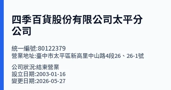 四季百貨股份有限公司太平分公司的照片-統編 80122379(臺中市) 公司登記資料與營業項目詳細圖表