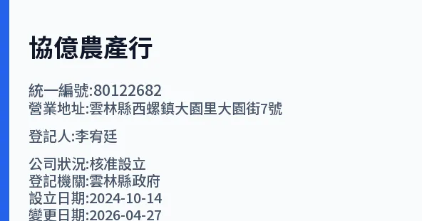 協億農產行的照片-統編 80122682(雲林縣) 公司登記資料與營業項目詳細圖表