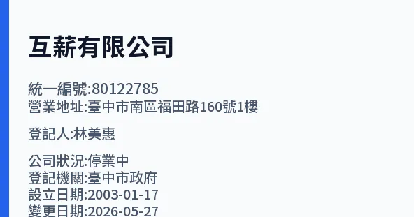 互薪有限公司的照片-統編 80122785(臺中市) 公司登記資料與營業項目詳細圖表
