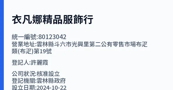 衣凡娜精品服飾行的照片-統編 80123042(雲林縣) 公司登記資料與營業項目詳細圖表