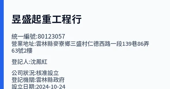 昱盛起重工程行的照片-統編 80123057(雲林縣) 公司登記資料與營業項目詳細圖表