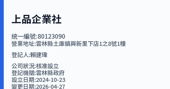 上品企業社的照片-統編 80123090(雲林縣) 公司登記資料與營業項目詳細圖表
