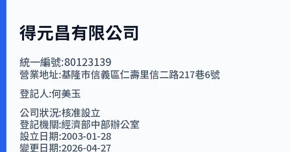 得元昌有限公司的照片-統編 80123139(基隆市) 公司登記資料與營業項目詳細圖表