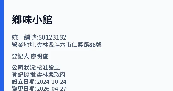 鄉味小館的照片-統編 80123182(雲林縣) 公司登記資料與營業項目詳細圖表