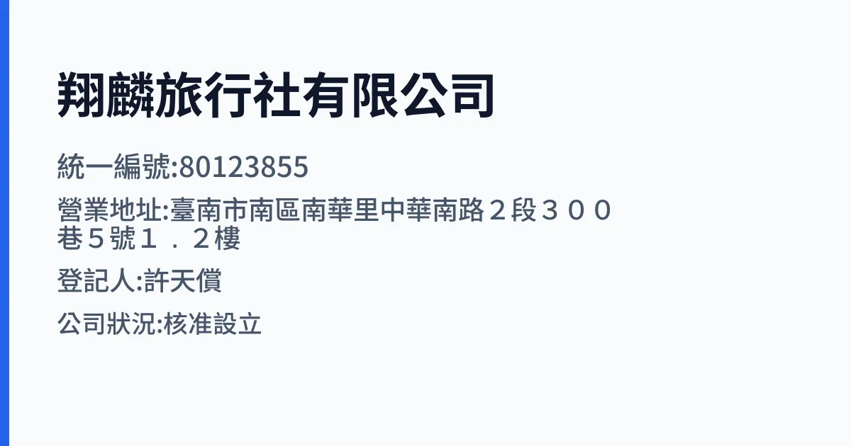 翔麟旅行社有限公司 - 統編 80123855(臺南市) 公司登記資料與營業項目詳細圖表