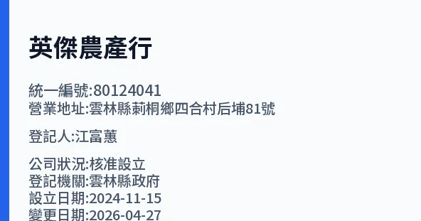 英傑農產行的照片-統編 80124041(雲林縣) 公司登記資料與營業項目詳細圖表