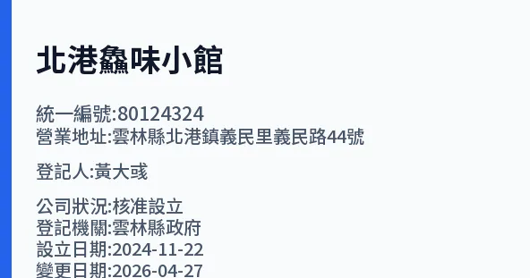 北港鱻味小館的照片-統編 80124324(雲林縣) 公司登記資料與營業項目詳細圖表