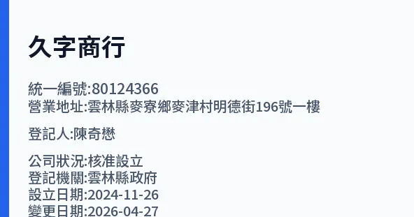 久字商行的照片-統編 80124366(雲林縣) 公司登記資料與營業項目詳細圖表