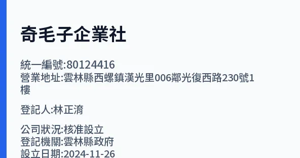 奇毛子企業社的照片-統編 80124416(雲林縣) 公司登記資料與營業項目詳細圖表