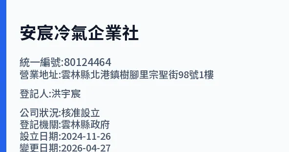 安宸冷氣企業社的照片-統編 80124464(雲林縣) 公司登記資料與營業項目詳細圖表