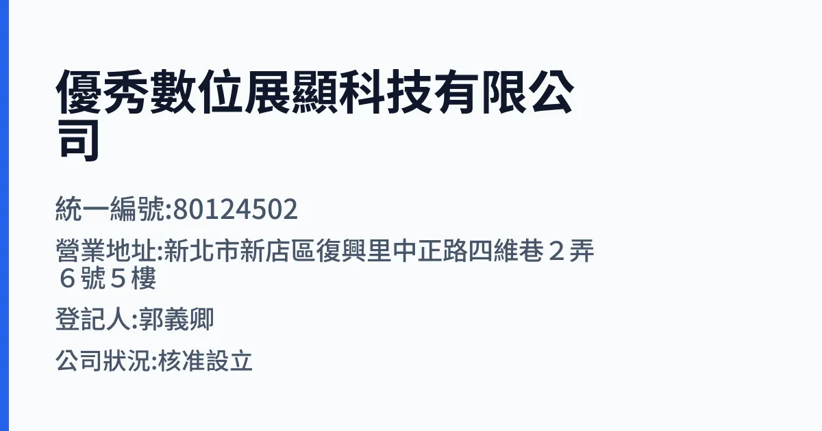 優秀數位展顯科技有限公司 - 統編 80124502(新北市) 公司登記資料與營業項目詳細圖表