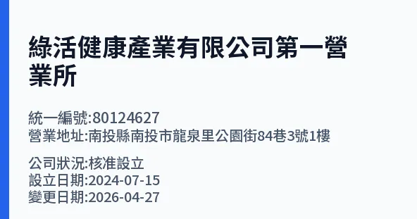 綠活健康產業有限公司第一營業所的照片-統編 80124627(南投縣) 公司登記資料與營業項目詳細圖表