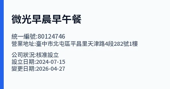 微光早晨早午餐的照片-統編 80124746(臺中市) 公司登記資料與營業項目詳細圖表