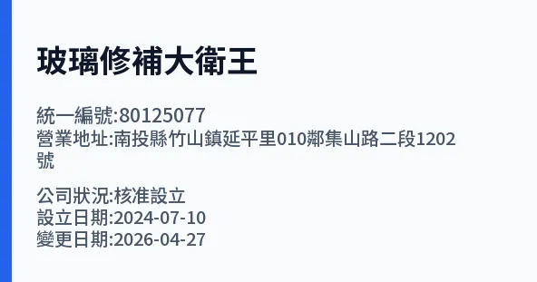 玻璃修補大衛王的照片-統編 80125077(南投縣) 公司登記資料與營業項目詳細圖表