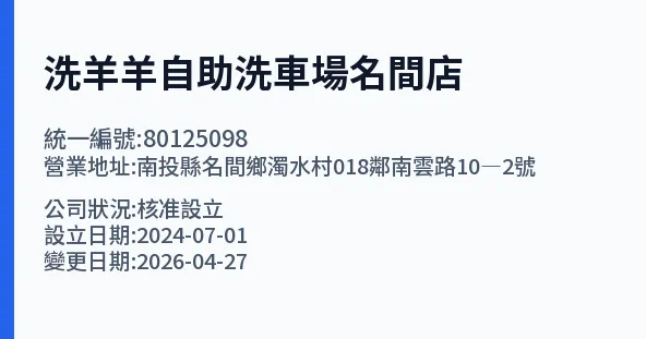 洗羊羊自助洗車場名間店的照片-統編 80125098(南投縣) 公司登記資料與營業項目詳細圖表