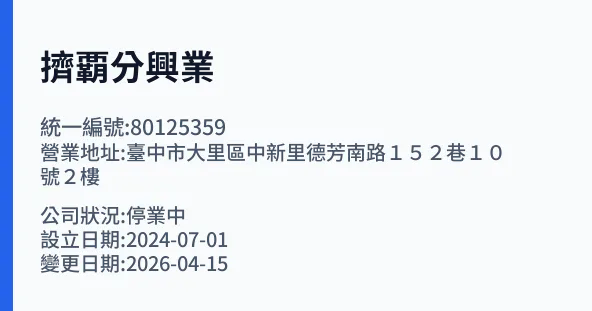 擠覇分興業的照片-統編 80125359(臺中市) 公司登記資料與營業項目詳細圖表