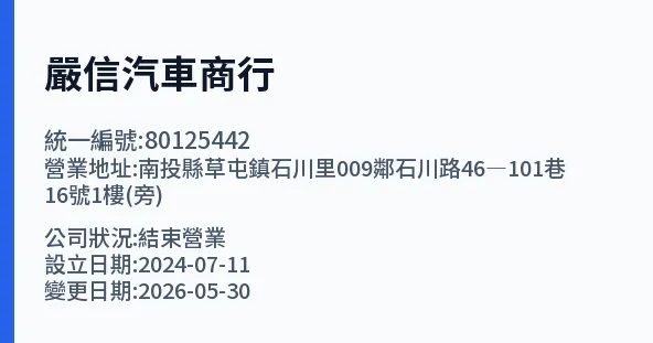 嚴信汽車商行的照片-統編 80125442(南投縣) 公司登記資料與營業項目詳細圖表