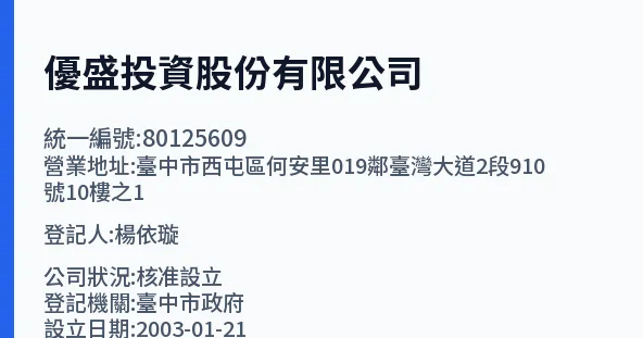 優盛投資股份有限公司的照片-統編 80125609(臺中市) 公司登記資料與營業項目詳細圖表