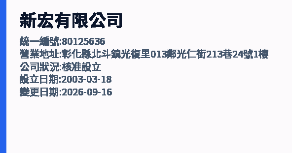 新宏有限公司的照片-統編 80125636 公司登記資料與營業項目詳細圖表