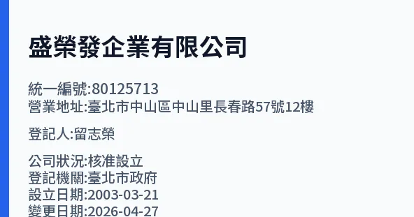 盛榮發企業有限公司的照片-統編 80125713(臺北市) 公司登記資料與營業項目詳細圖表