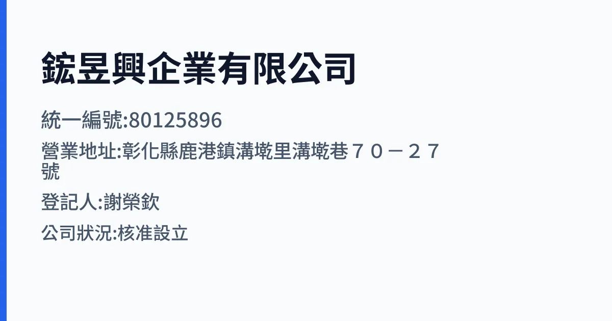 鋐昱興企業有限公司 - 統編 80125896(彰化縣) 公司登記資料與營業項目詳細圖表