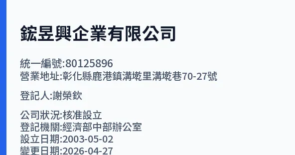 鋐昱興企業有限公司的照片-統編 80125896(彰化縣) 公司登記資料與營業項目詳細圖表
