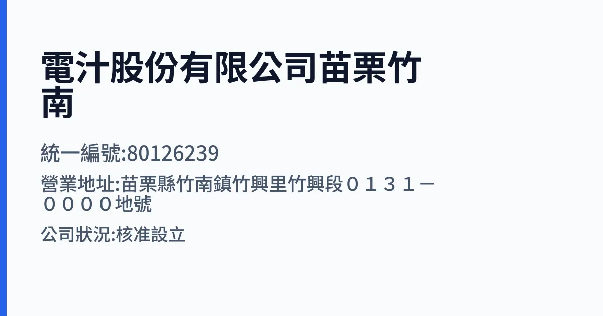 電汁股份有限公司苗栗竹南 - 統編 80126239(苗栗縣) 公司登記資料與營業項目詳細圖表