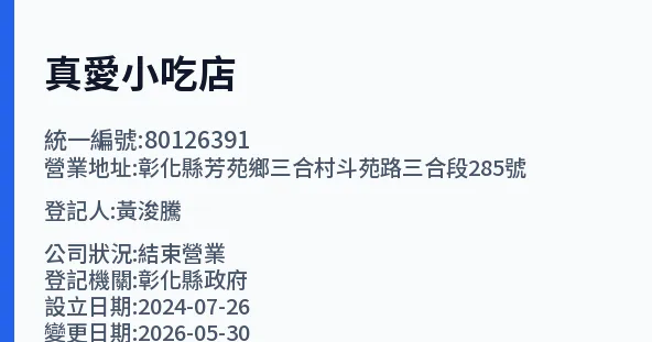 真愛小吃店的照片-統編 80126391(彰化縣) 公司登記資料與營業項目詳細圖表