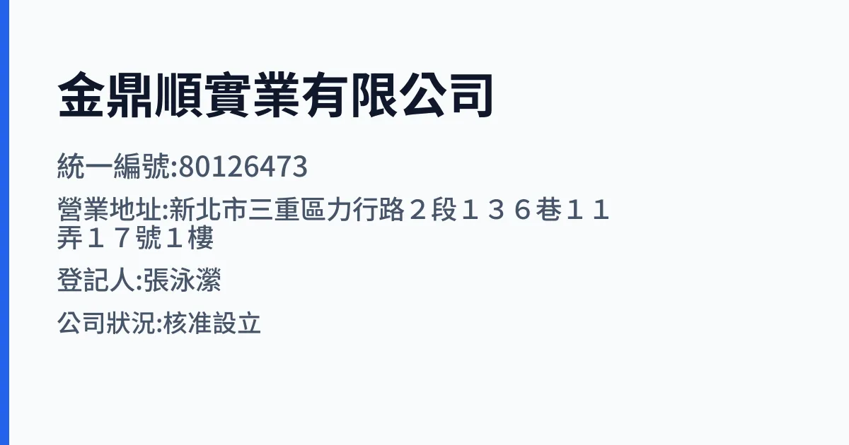 金鼎順實業有限公司 - 統編 80126473(新北市) 公司登記資料與營業項目詳細圖表