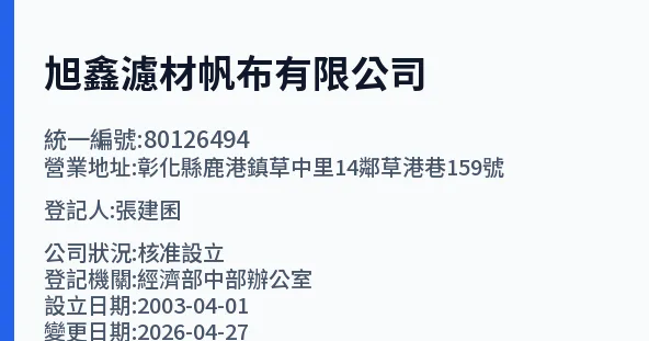 旭鑫濾材帆布有限公司的照片-統編 80126494(彰化縣) 公司登記資料與營業項目詳細圖表