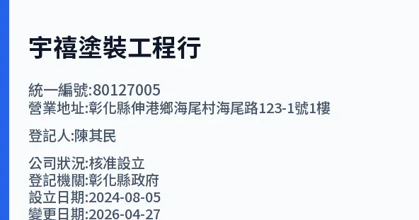 宇禧塗裝工程行的照片-統編 80127005(彰化縣) 公司登記資料與營業項目詳細圖表