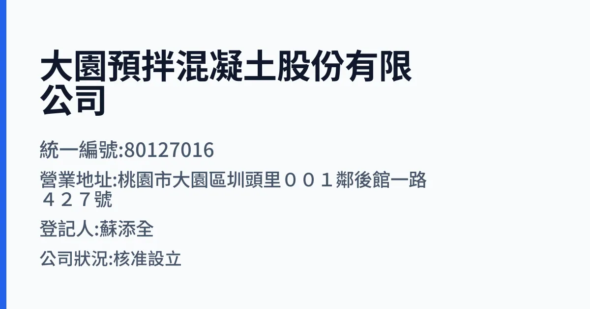 大園預拌混凝土股份有限公司 - 統編 80127016(桃園市) 公司登記資料與營業項目詳細圖表
