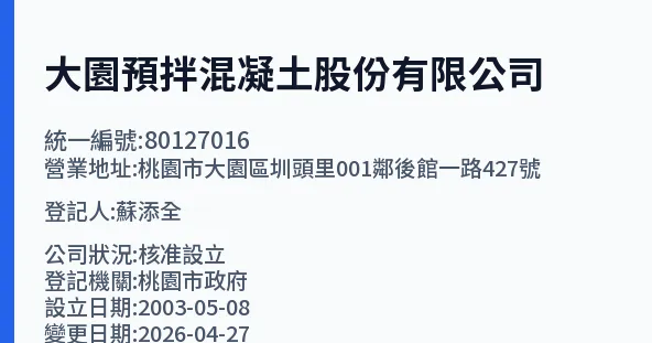大園預拌混凝土股份有限公司的照片-統編 80127016(桃園市) 公司登記資料與營業項目詳細圖表