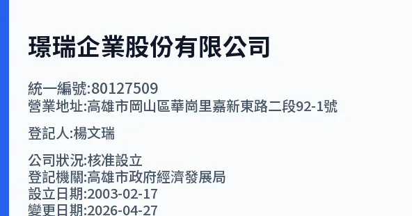 璟瑞企業股份有限公司的照片-統編 80127509(高雄市) 公司登記資料與營業項目詳細圖表