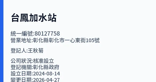 台鳳加水站的照片-統編 80127758(彰化縣) 公司登記資料與營業項目詳細圖表