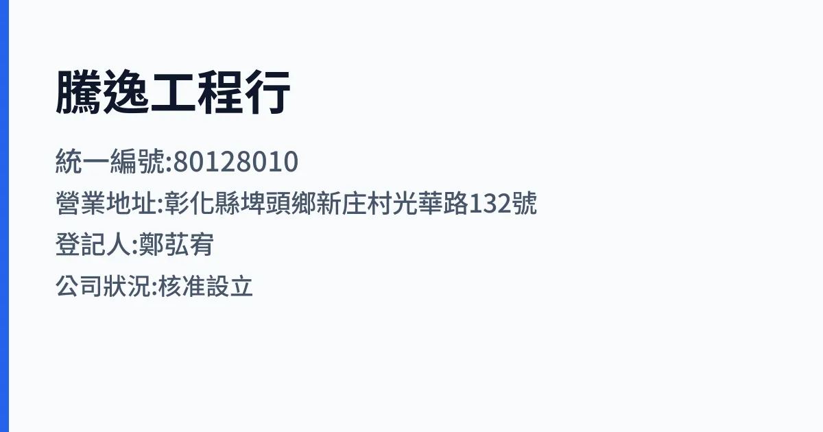 騰逸工程行 - 統編 80128010(彰化縣) 公司登記資料與營業項目詳細圖表