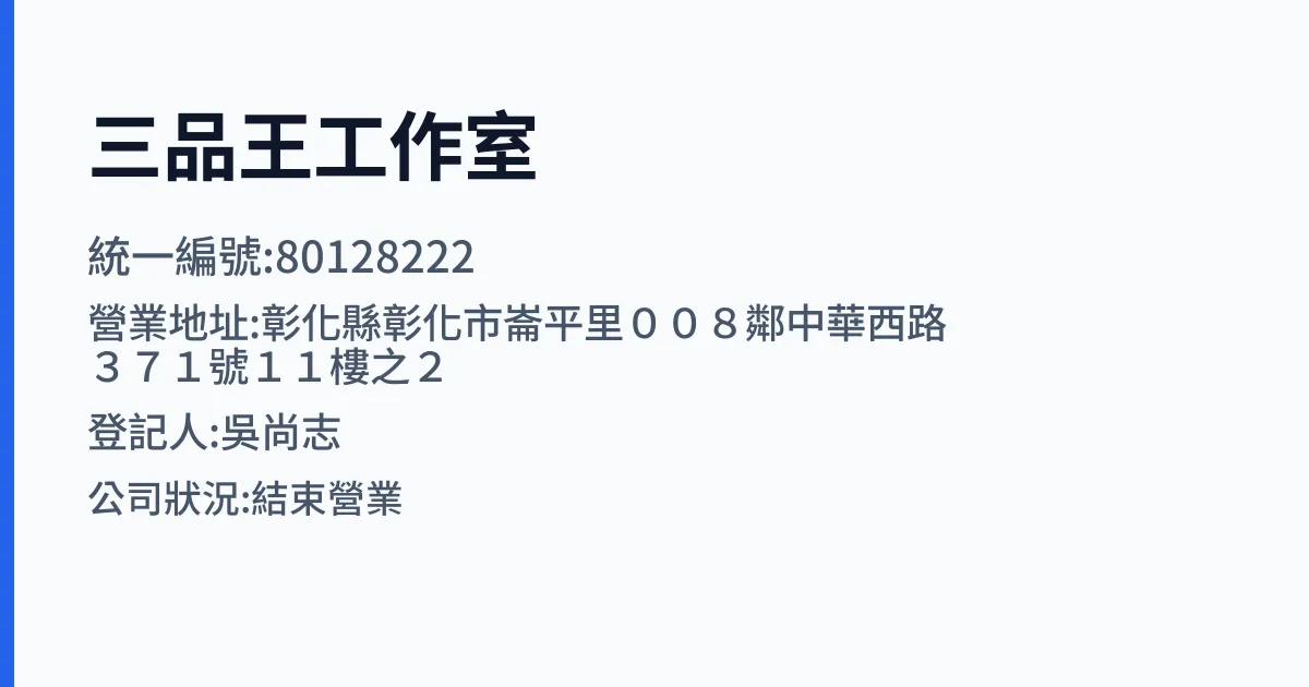 三品王工作室 - 統編 80128222(彰化縣) 公司登記資料與營業項目詳細圖表