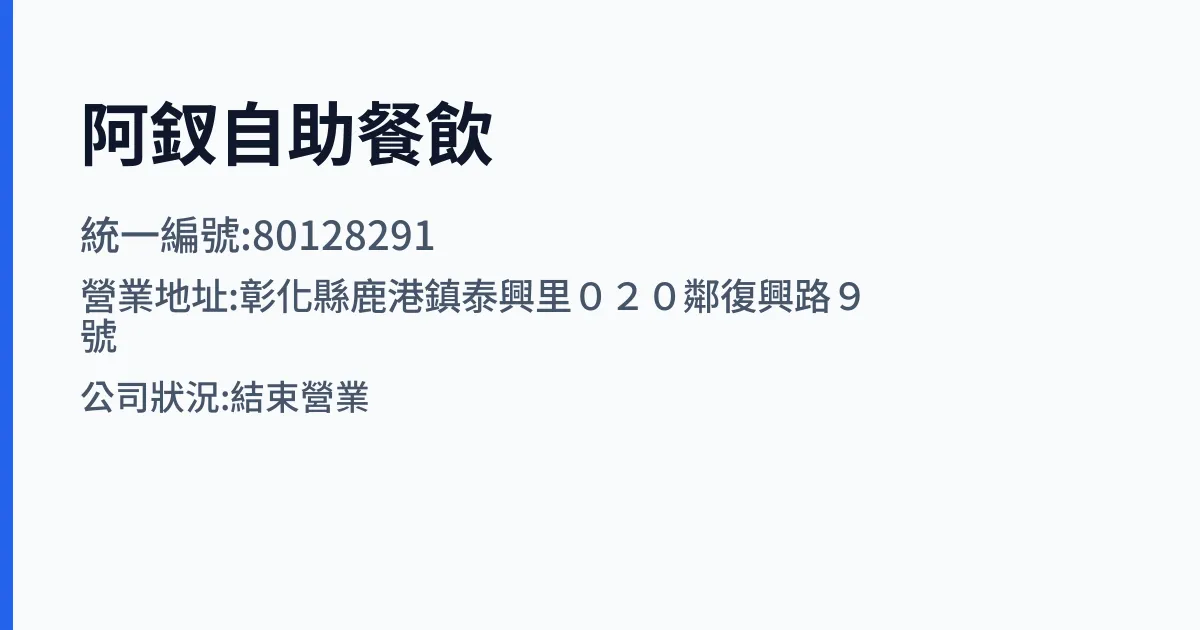 阿釵自助餐飲 - 統編 80128291(彰化縣) 公司登記資料與營業項目詳細圖表
